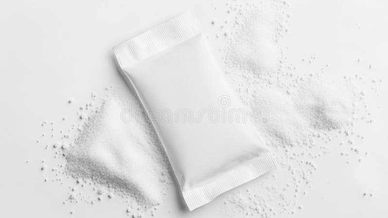 Minimalist White Sachet on Blank Surface with Sugar Powder Accents ...