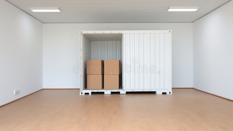 Minimalist White Shipping Container with Boxes Inside Stock ...