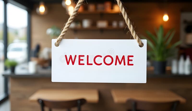 Minimalist White Sign with Welcome in Red Letters, Softly Blurred Cafe ...