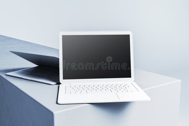Minimalist White and Silver Laptops on Clean Abstract Platforms ...