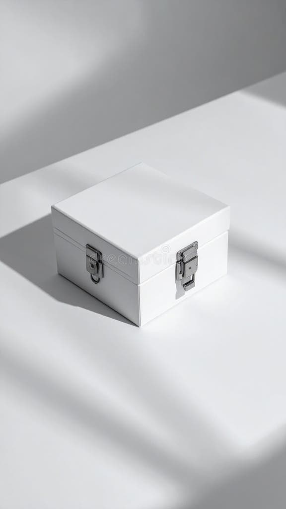 Minimalist White Square Box with Metallic Clasp on White Surface ...