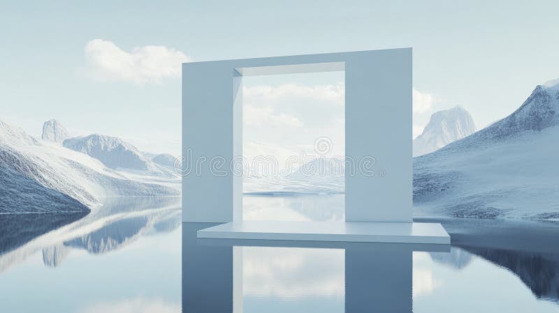White Geometric Frame on Icy Lake with Snowy Mountains Stock ...