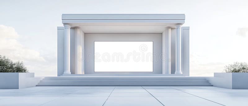 Minimalist White Stage with Columns and a Blank Rectangular Screen, in ...