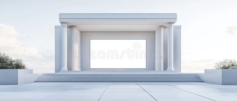 Minimalist White Stage with Columns and a Blank Rectangular Screen, in ...