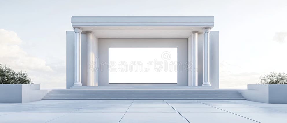 Minimalist White Stage with Columns and a Blank Rectangular Screen, in ...
