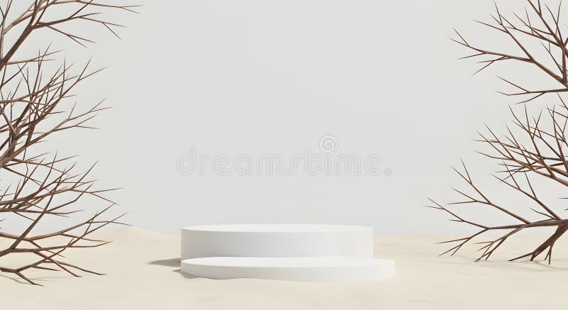 White Minimalist Stage with Dry Trees in Sand Stock Photo - Image of ...