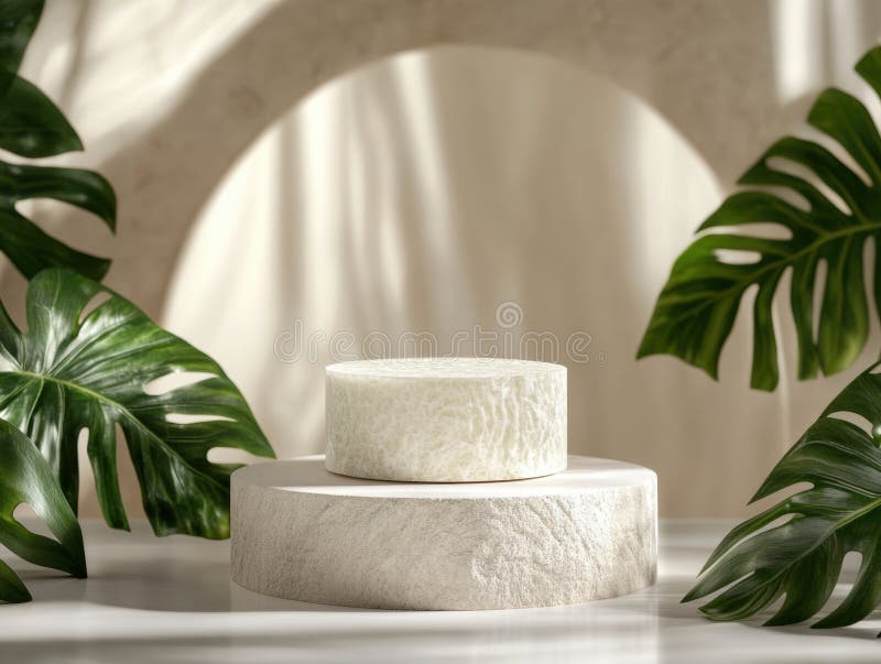 Minimalist White Stone Display Pedestal with Natural Greenery for ...