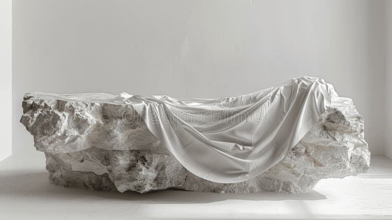 Minimalist White Stone Table with Draped Cloth and Rock Texture, Zen ...