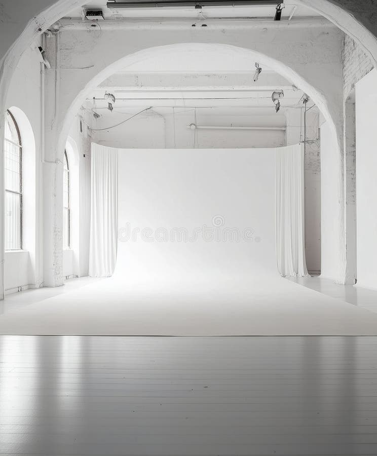 Minimalist White Studio with Arched Windows and Curtains for ...