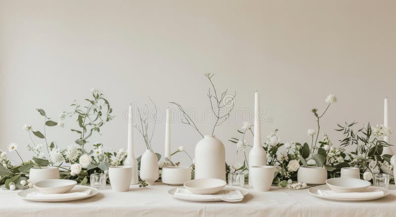 Minimalist White Table Setting with Greenery Centerpiece Stock Image - Image of home, style ...
