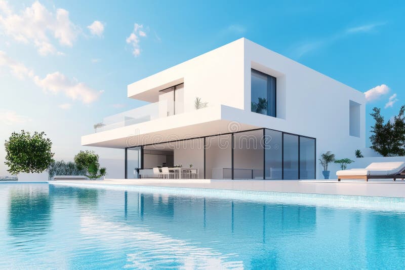 Minimalist White Villa with Infinity Pool and Clear Blue Sky Reflecting ...