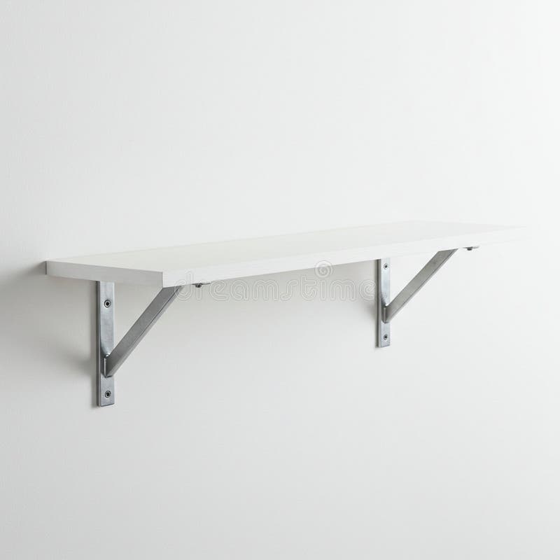 A Minimalist White Wall-mounted Shelf with Two Sturdy Metal Brackets ...