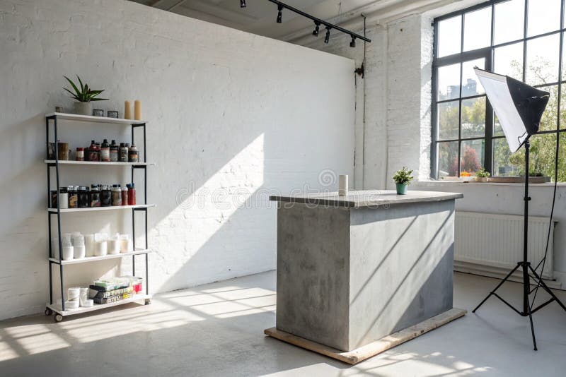 White Wall Studio Kitchen with Shadow, Empty Room with Grey Surface ...