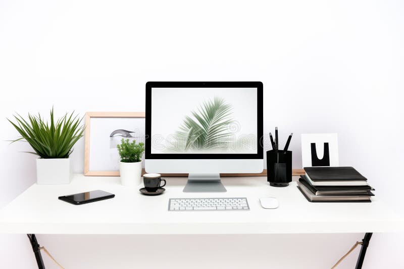 Minimalist Work Desk with Laptop, Camera, Plant, and Notebooks in White ...