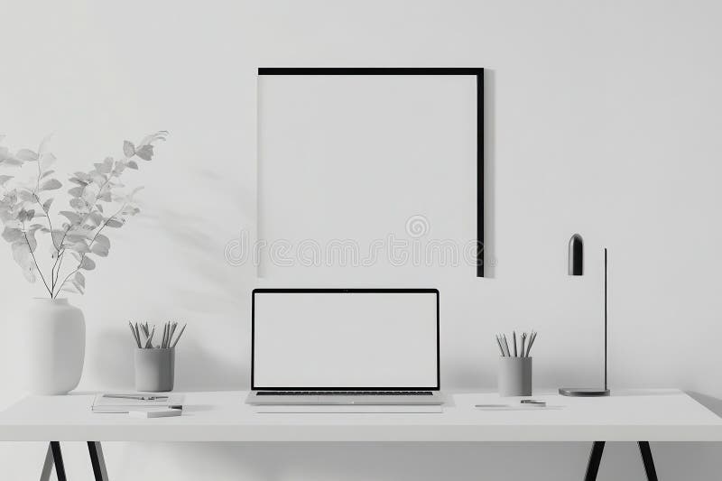 Minimalist White Workspace with Laptop, Frame, and Lamp Stock ...