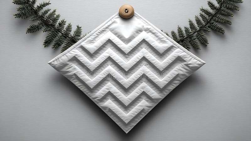 Minimalist White Zigzag Pattern Pillow with Wooden Button and Ferns on ...