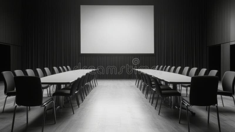 Minimalist Wide-angle Shot of an Empty Conference Room with a Central ...