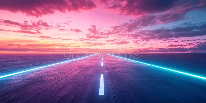 Minimalist Wide-angle View of a Long Runway, Glowing White Lines ...