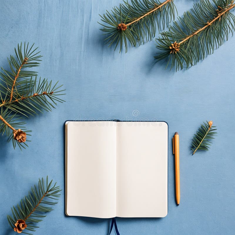 Minimalist Winter Notebook Scene with Pine Branches and Blue Background ...