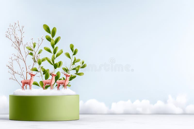 Minimalist Winter Scene with Small Deer and Greenery on a Snowy White ...