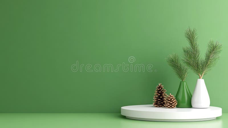 Minimalist Winter Tabletop Display with Pine Trees and Cones on Green ...