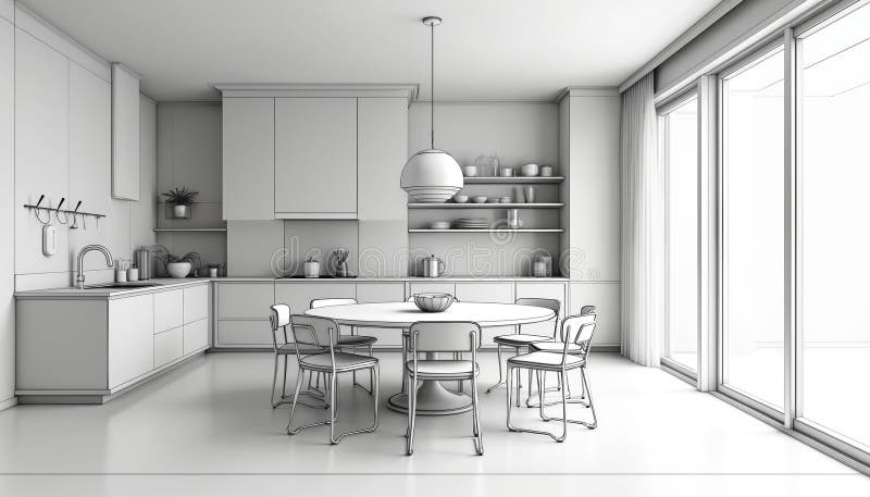 Minimalist Wireframe Kitchen Design Featuring Dining Area. Modern ...