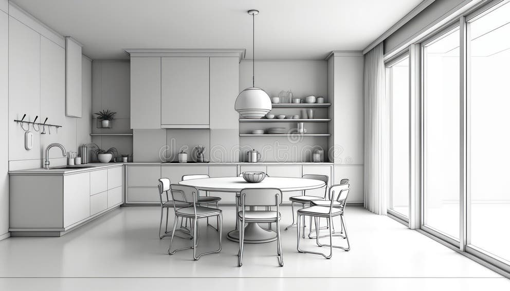 Minimalist Wireframe Kitchen Design Featuring Dining Area. Modern ...
