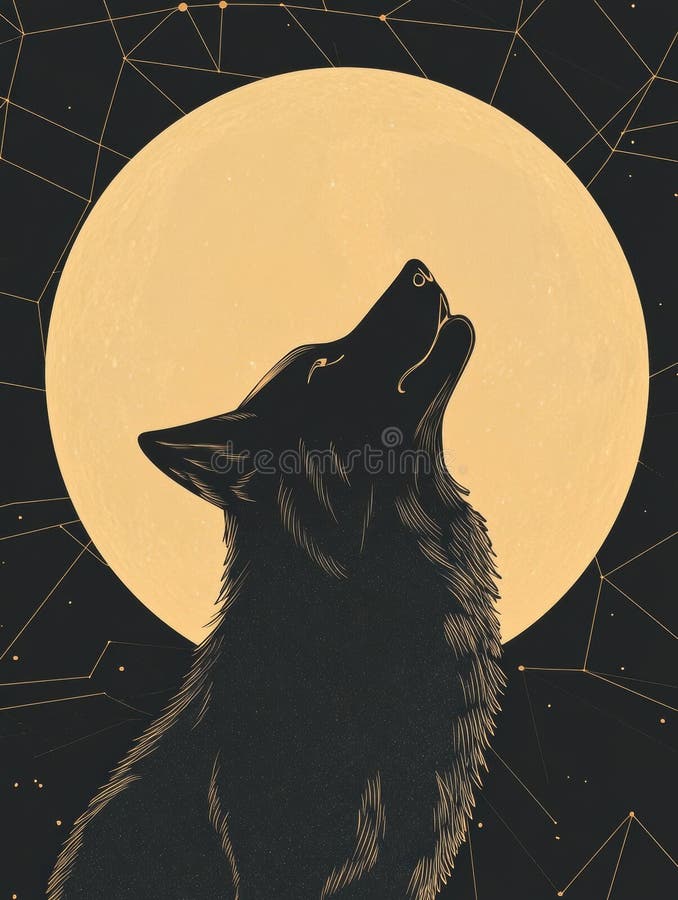 Minimalist Wolf Silhouette Howling at a Full Moon with Space for Text ...