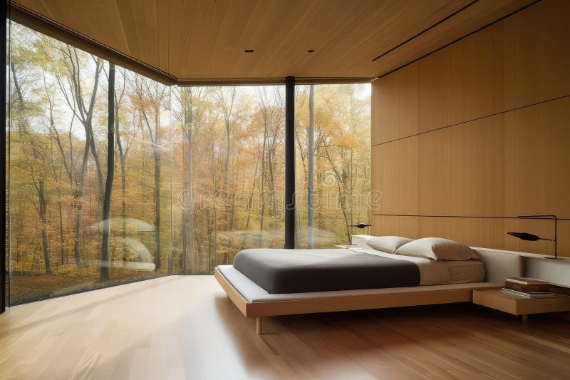 Minimalist Wood-paneled Space with Floor-to-ceiling Windows and ...