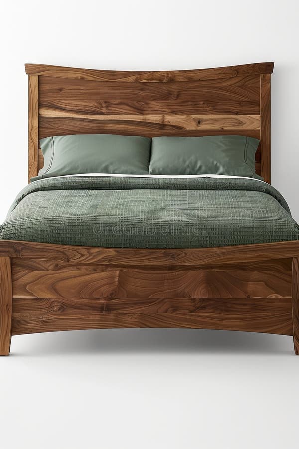 Minimalist Wooden Bed Frame with Green Bedding, Isolated on a White ...