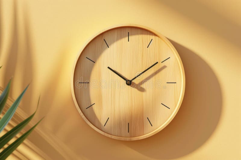 Minimalist Wooden Clock Telling Time on Yellow Wall Stock Image - Image ...