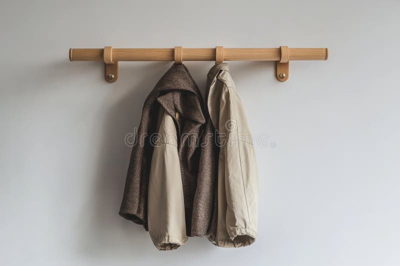 Minimalist Wooden Coat Rack with Two Jackets Hanging a Modern ...