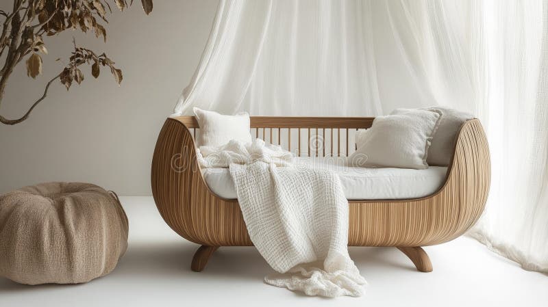 Minimalist Wooden Cradle with White Bedding Generative AI Stock ...