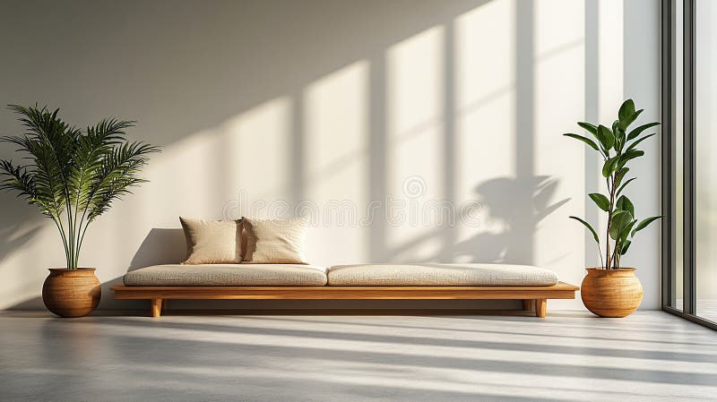 Minimalist Wooden Daybed in Sunlit Modern Room Stock Photo - Image of ...