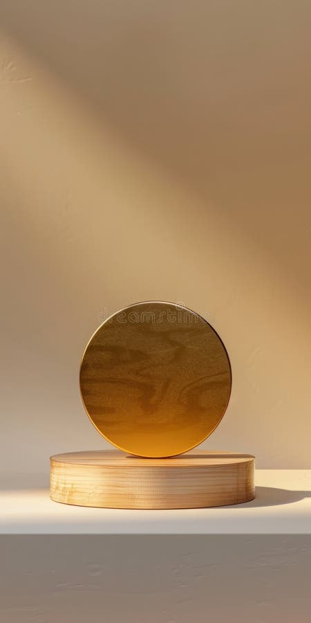 Minimalist Wooden Display Stand with Circular Mirror Reflecting Warm ...