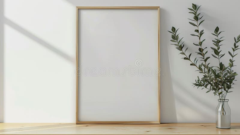Minimalist Home Decor Empty Frame Greenery Light Wood Shelf Stock ...
