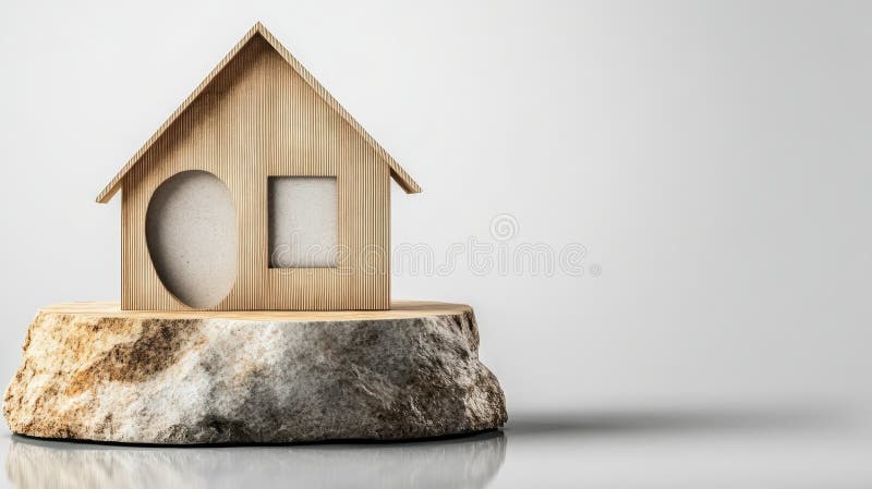 A Minimalist Wooden House Model Placed on a Stone Base, Symbolizing ...