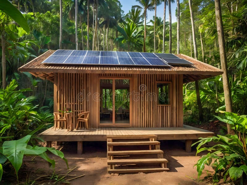 Minimalist Wooden Hut Equipped with Solar Panels Stock Illustration ...
