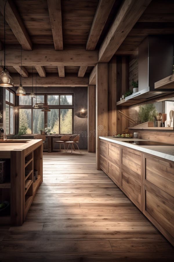 Minimalist Wooden Kitchen Interior in Modern Swiss Chalet Stock ...