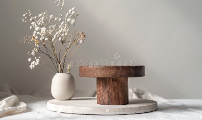 A Minimalist Wooden Pedestal on a White Studio Table with a Soft Gray ...
