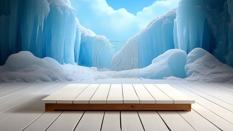Minimalist Wooden Platform in Snowy Ice Cave Stock Illustration ...