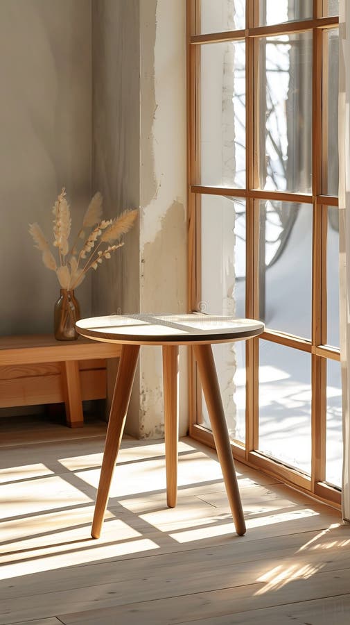 Minimalist Wooden Side Table in Sunlit Room with Vase, Interior Decor ...