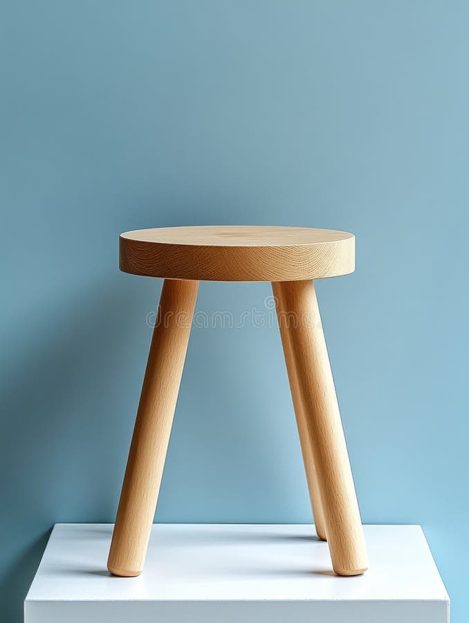 Minimalist Wooden Stool on a Blue Background. Stock Image - Image of ...