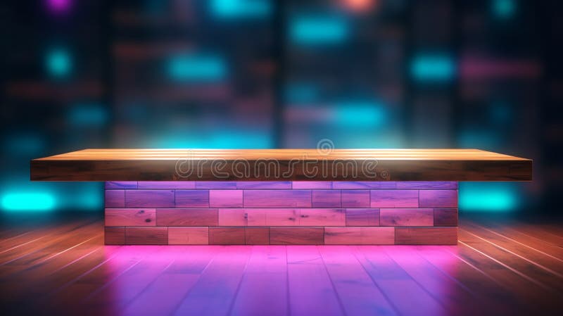 Minimalist Wooden Table Juxtaposed with Blurred Neon Light Backdrop ...