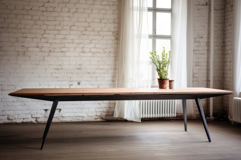 A Minimalist Wooden Table with Metal Legs in a Loft Space Stock Photo ...