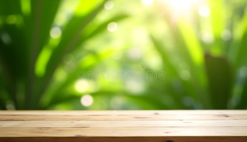 Minimalist Wooden Table with a Smooth Surface Against Blurred Lush ...