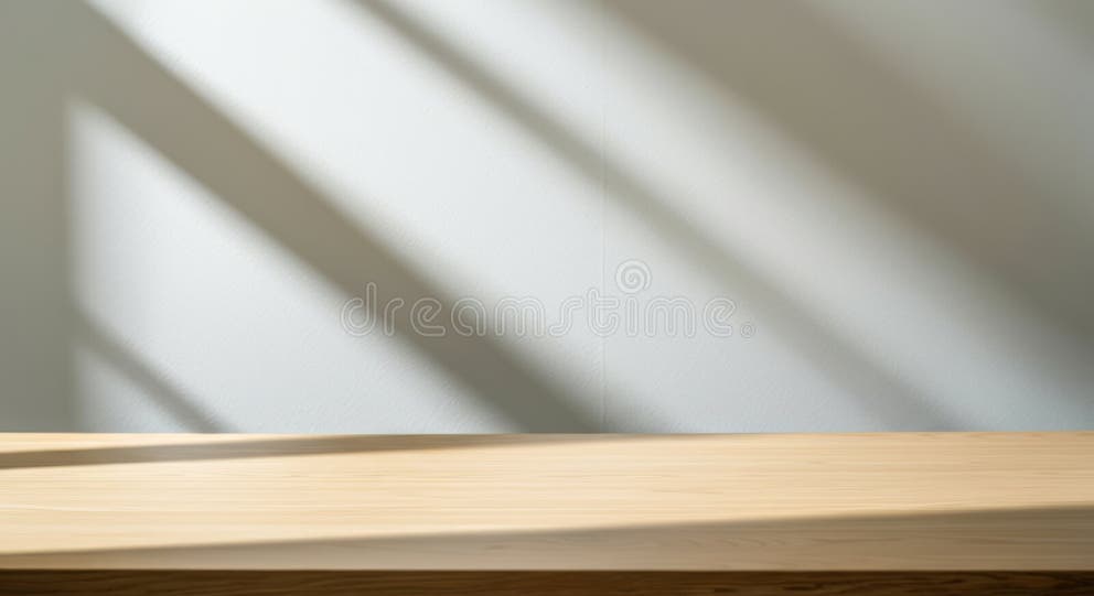 Minimalist Wooden Table with Soft Sunlight and Shadows on a Plain Wall ...
