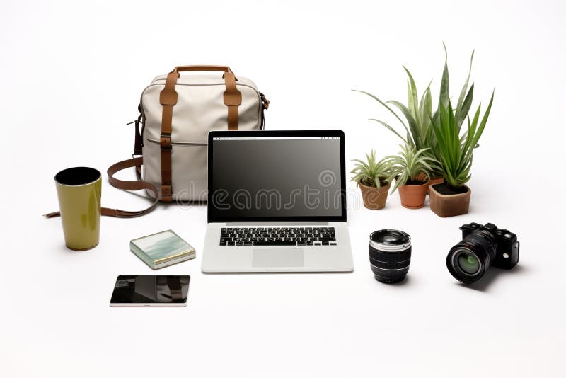 Minimalist Work Desk with Laptop, Camera, Plant, and Notebooks in White ...