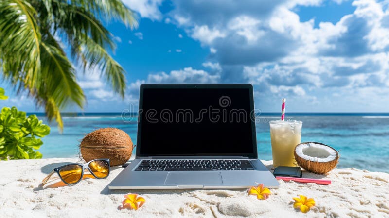 Work Setup on a White Sand Beach Stock Illustration - Illustration of ...