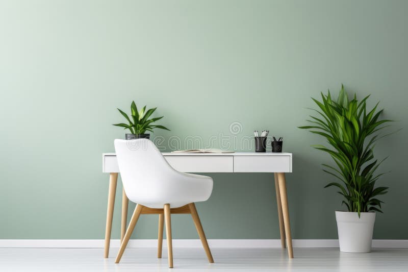 A Minimalist Work Space with White Desk and Green Plants Stock Image ...
